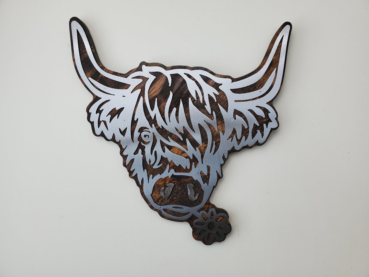 Highland Cow Metal Art with Flower: Rustic Wood Wall Decor, Scottish H ...