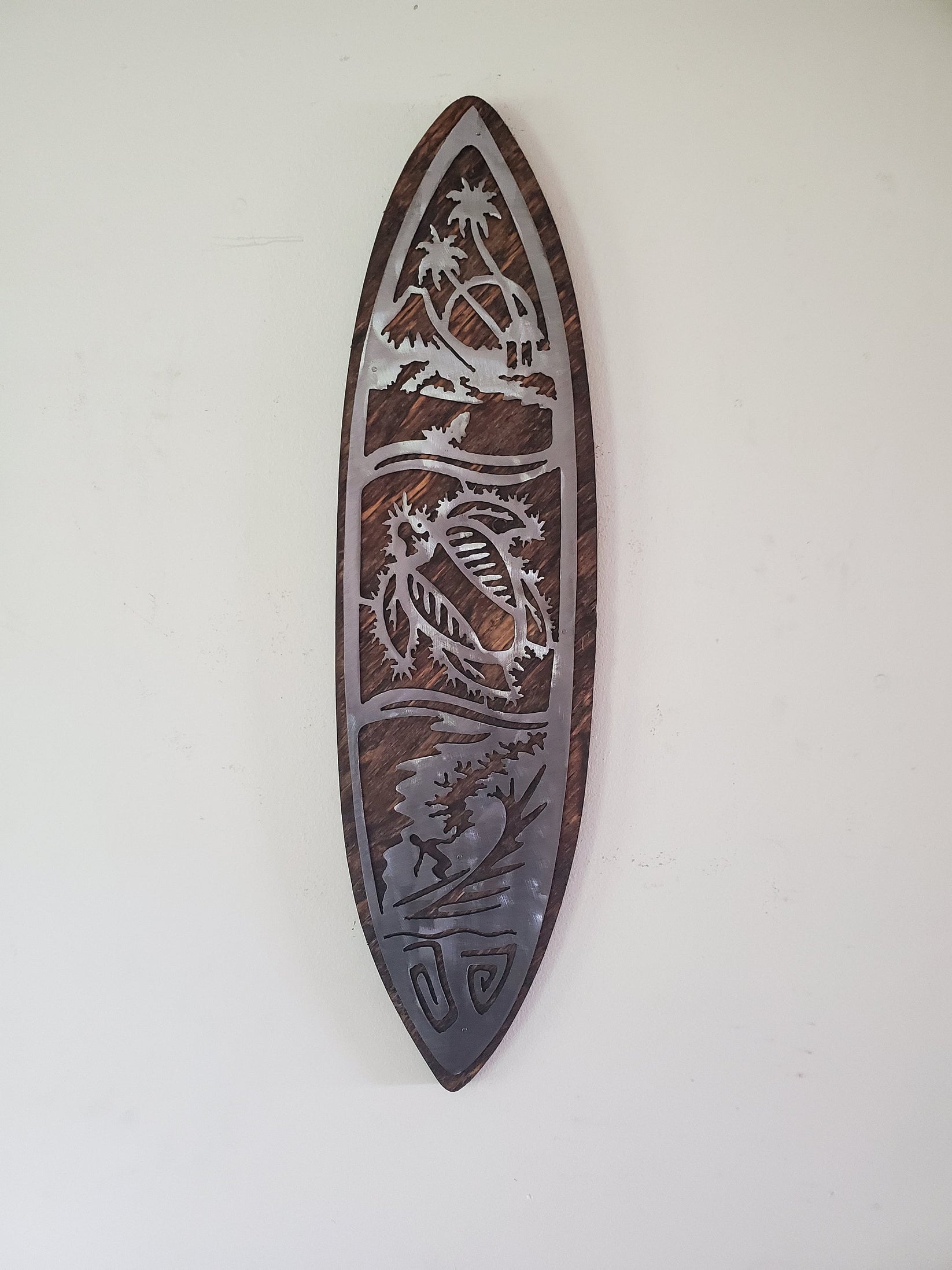 Surfboard Metal Art on Wood – Beamish Metal Works