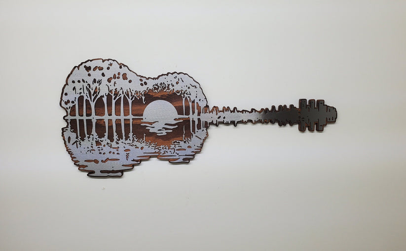 Sunset Guitar Reflections Lake Scene | Metal Art on Wood – Beamish ...